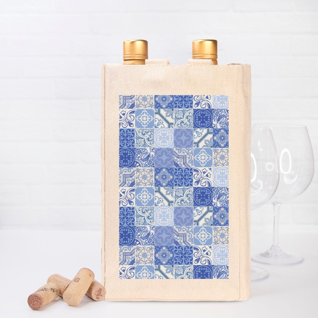 Portuguese Azulejos & Vinho Double Bottle Canvas Wine Tote | Wine Gift ...