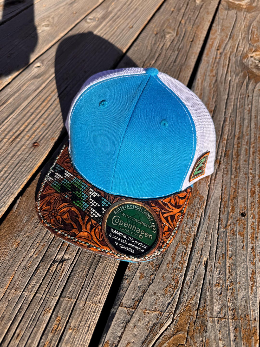 Handmade Tooled Leather Hat Brim With Beaded Pattern and Dip Can Lid ...