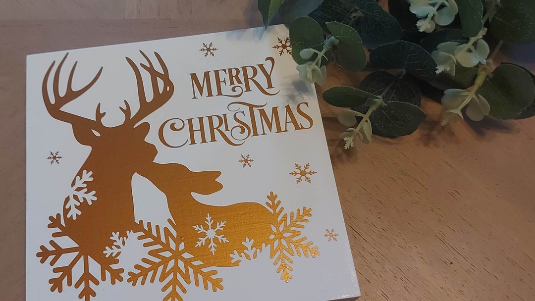 Merry Christmas Wooden MDF Block Stag Reindeer Vinyl Decals Gift ...