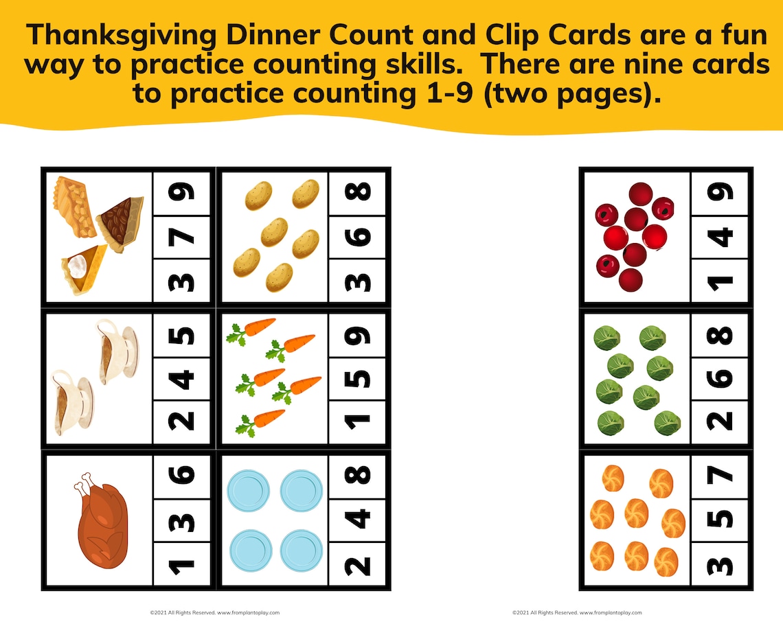 Thanksgiving Count and Clip Cards, Montessori Math, Preschool Counting ...