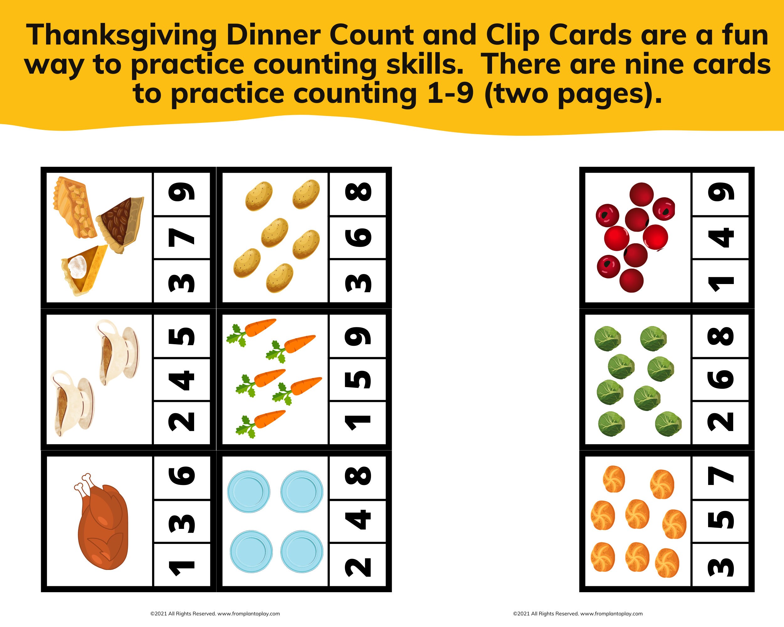 Thanksgiving Count and Clip Cards, Montessori Math, Preschool Counting ...