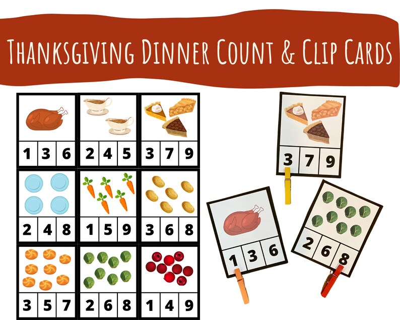 Thanksgiving Count and Clip Cards, Montessori Math, Preschool Counting ...
