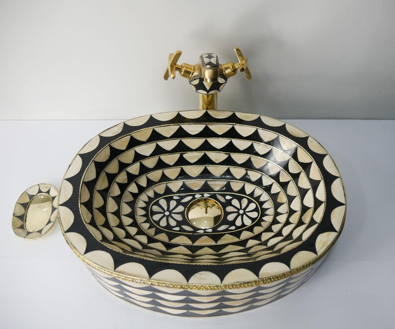 Handmade Moroccan Brass Vessel Sink: Bone and Resin Inlay, Free Drain ...