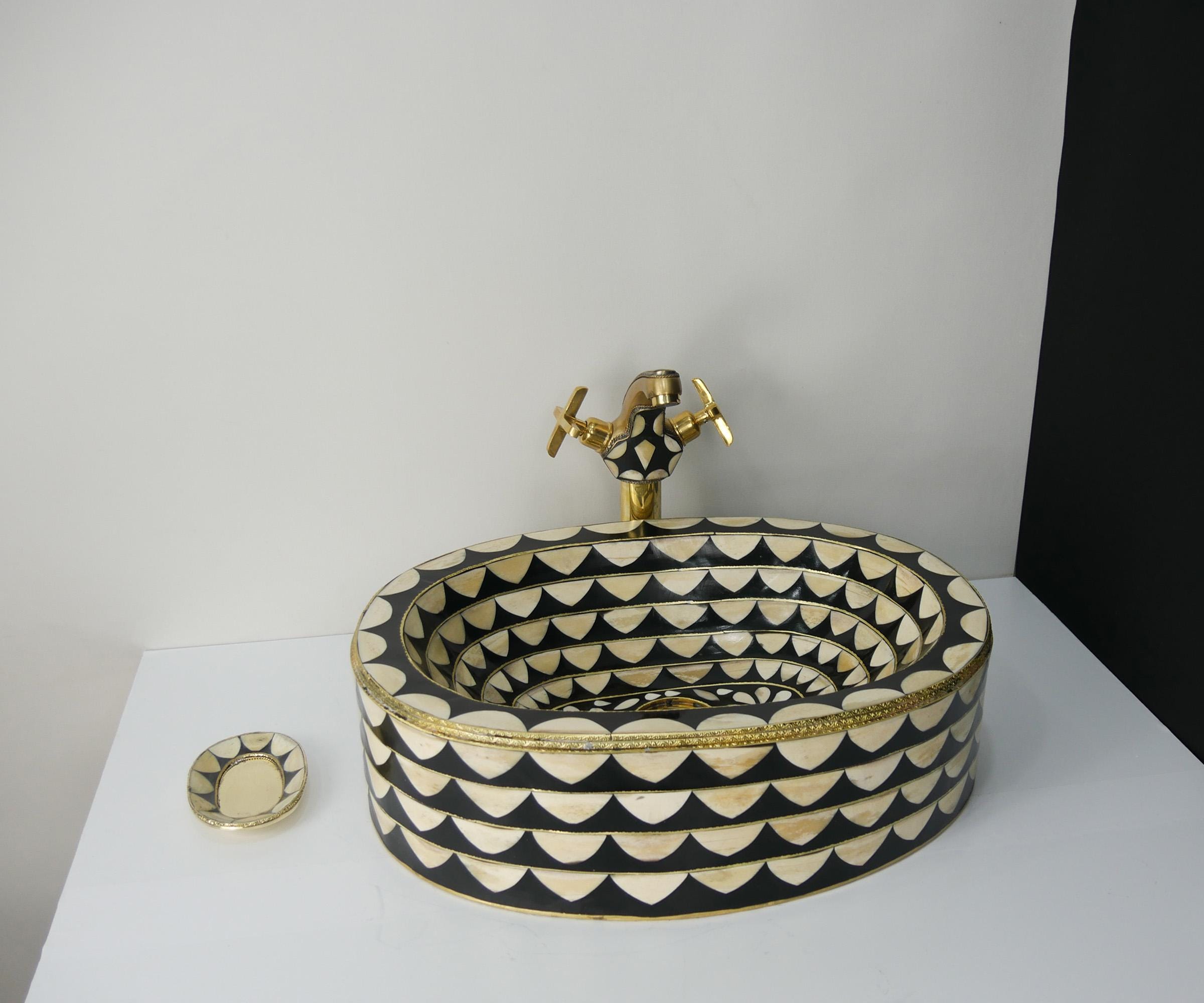 Handmade Moroccan Brass Vessel Sink: Bone and Resin Inlay, Free Drain ...