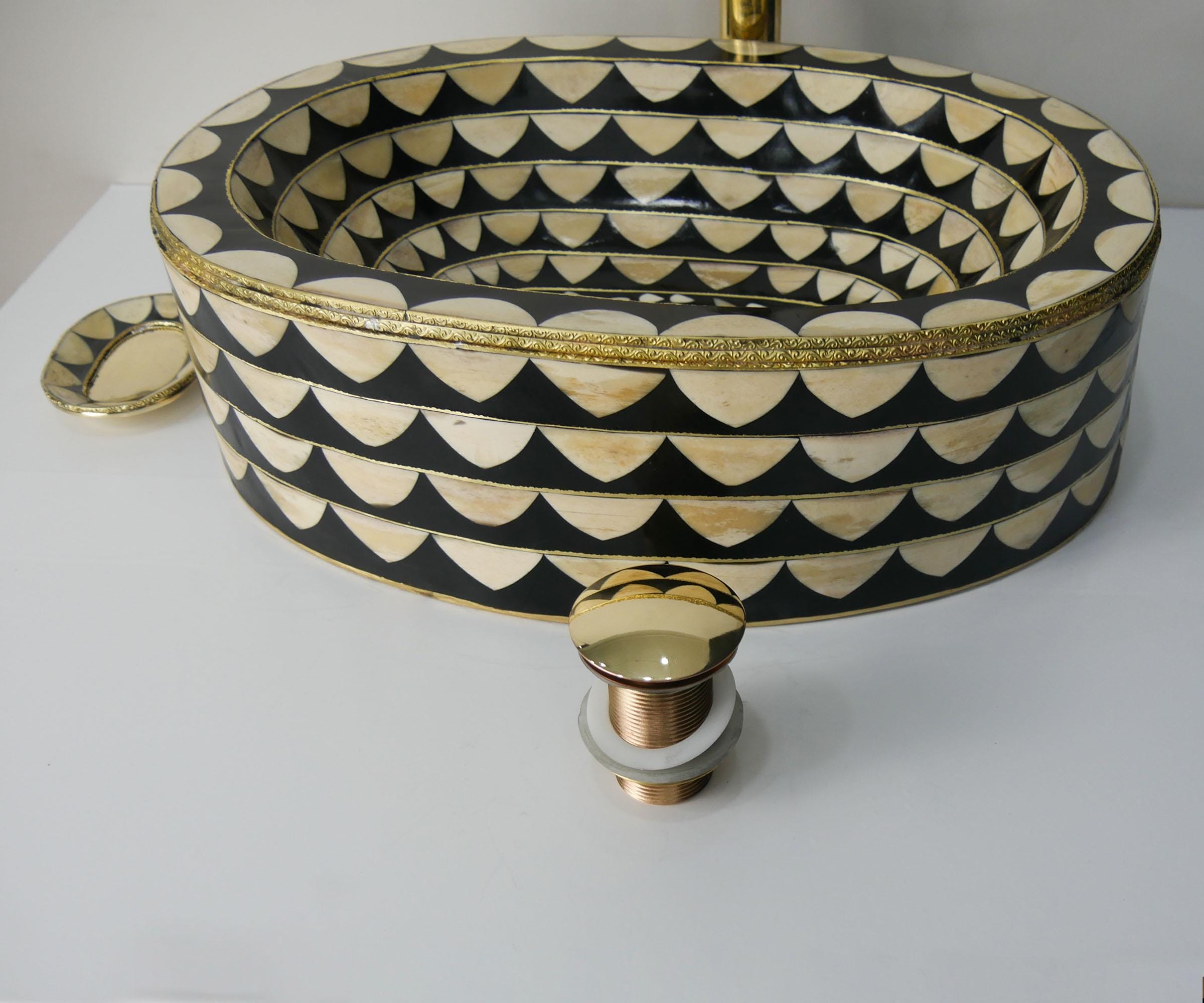 Handmade Moroccan Brass Vessel Sink: Bone and Resin Inlay, Free Drain ...