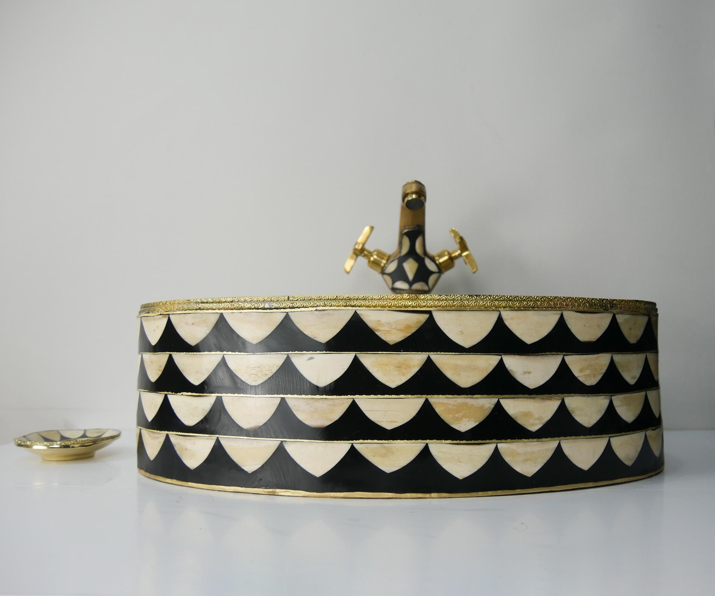 Handmade Moroccan Brass Vessel Sink: Bone and Resin Inlay, Free Drain ...