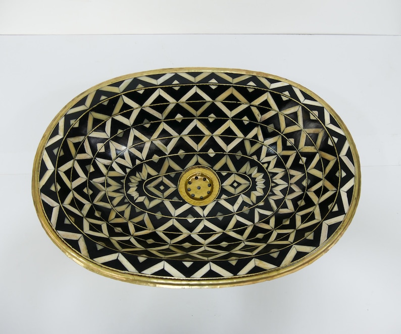 Handmade Brass Drop-in Sink – Geometric Bone and Resin Inlay Pattern ...