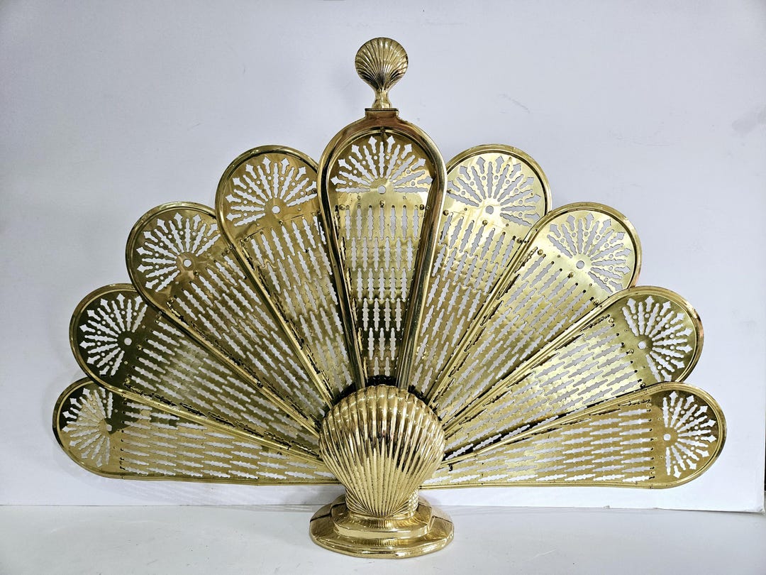 Vintage Art Deco Style Clam Shell Brass Peacock Fan Fire Screen Guard ...
