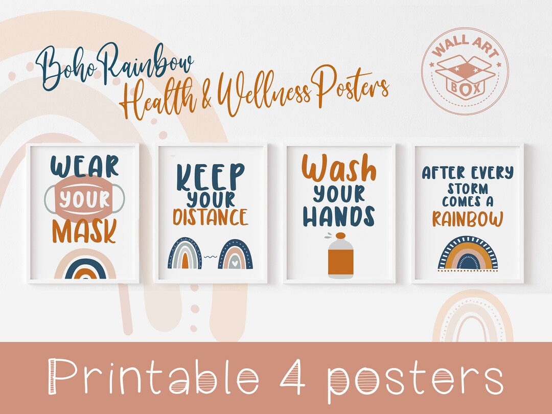 Boho Rainbow Theme COVID Classroom Poster Set of 4, Classroom Safety ...