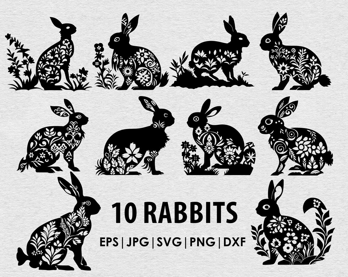 Floral Rabbit SVG Rabbit Silhouette for Cricut and Cut File Flower ...