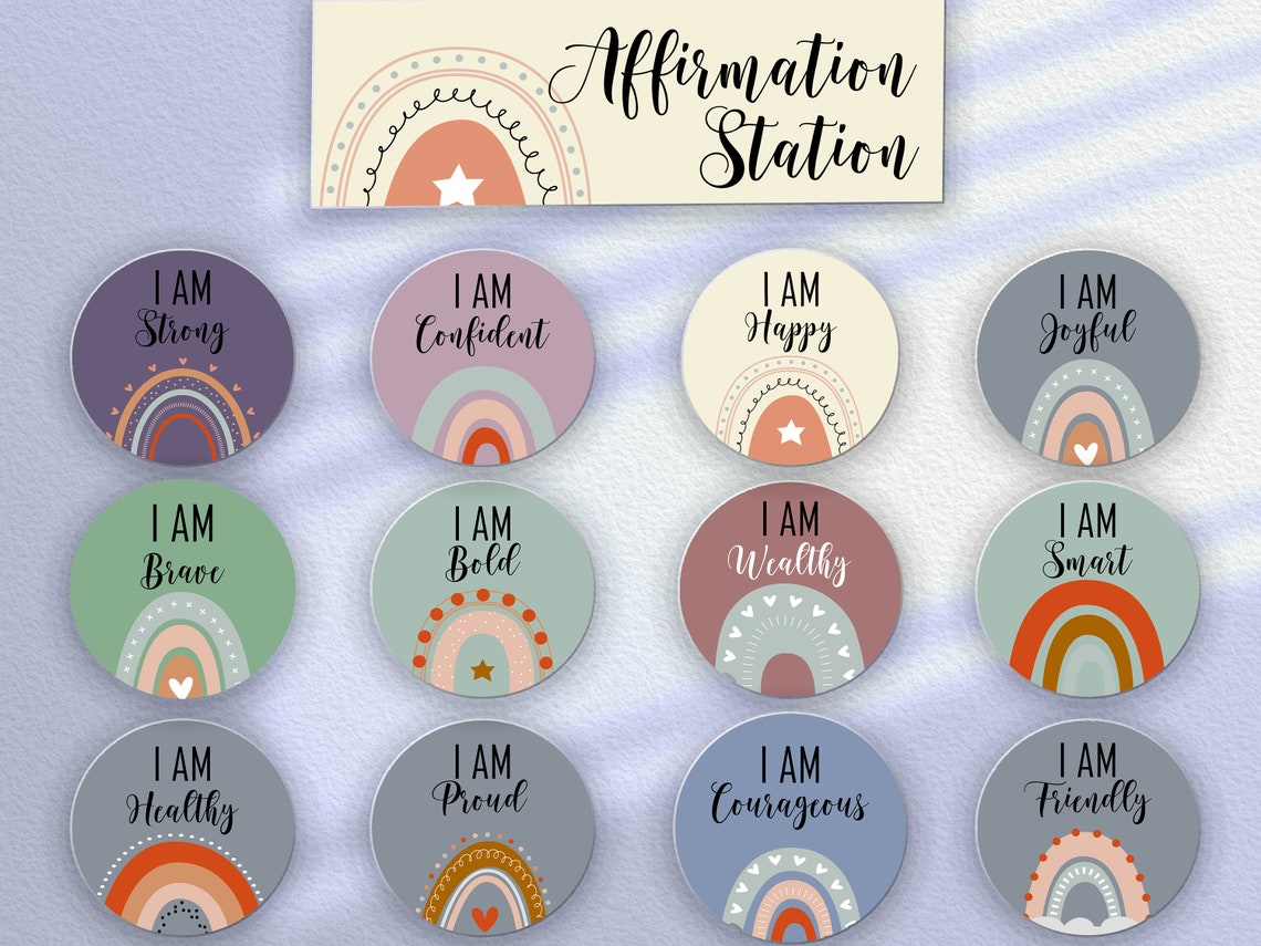 Boho Rainbow Affirmation Station Posters|circle Mirror Labels| EDITABLE ...