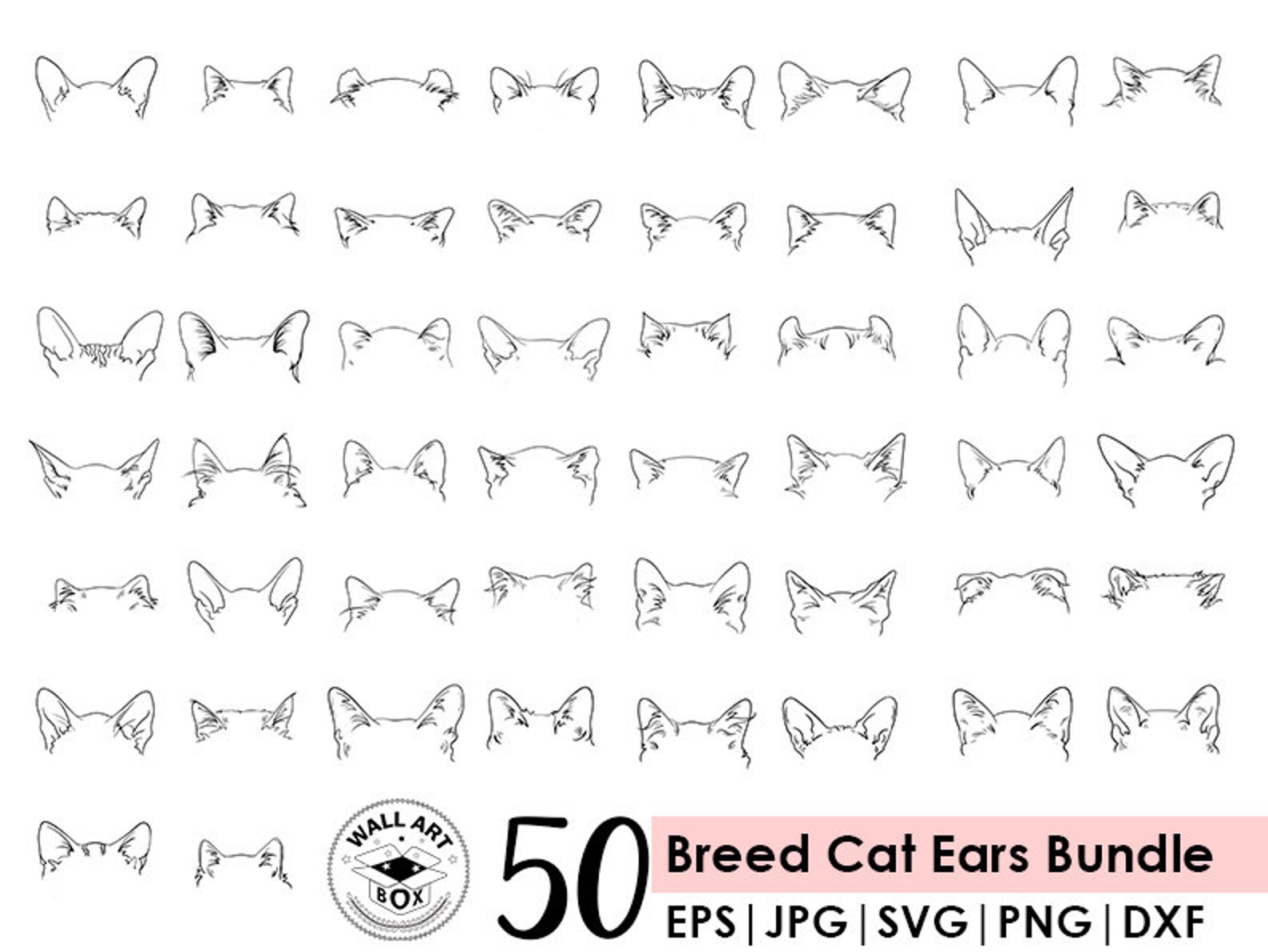 Cat Ears Line Drawing Bundle | 50 Cat Breeds Ears | Kitten Svg| Line ...