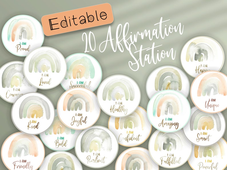Circle Mirror Labels|boho Rainbow Affirmation Station Posters| EDITABLE ...
