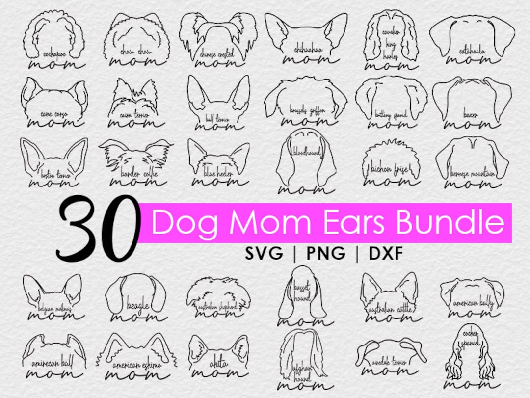 Dog Ear Outline SVG, PNG Bundle | 30 Mom Dog Breeds | Line Drawing ...