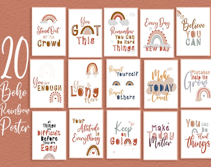 Inspirational Classroom Posters Bundle, Boho Rainbow Classroom Quotes ...