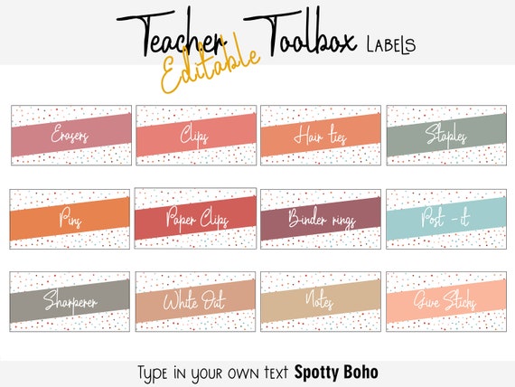 Spotty Boho Teacher Toolbox Labels Editable Neutral | Etsy