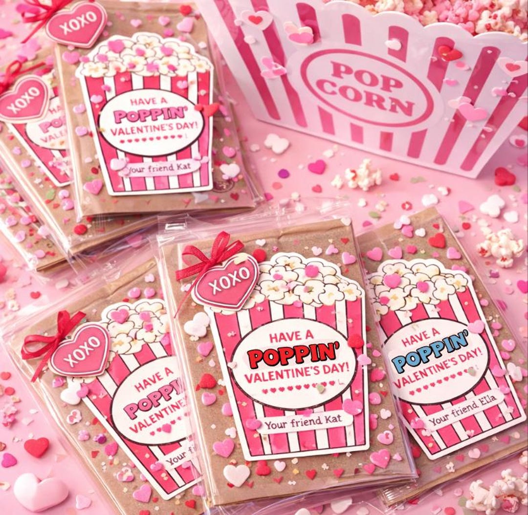 Valentine Popcorn Stickers, School Labels for Valentine's Day, Poppin ...