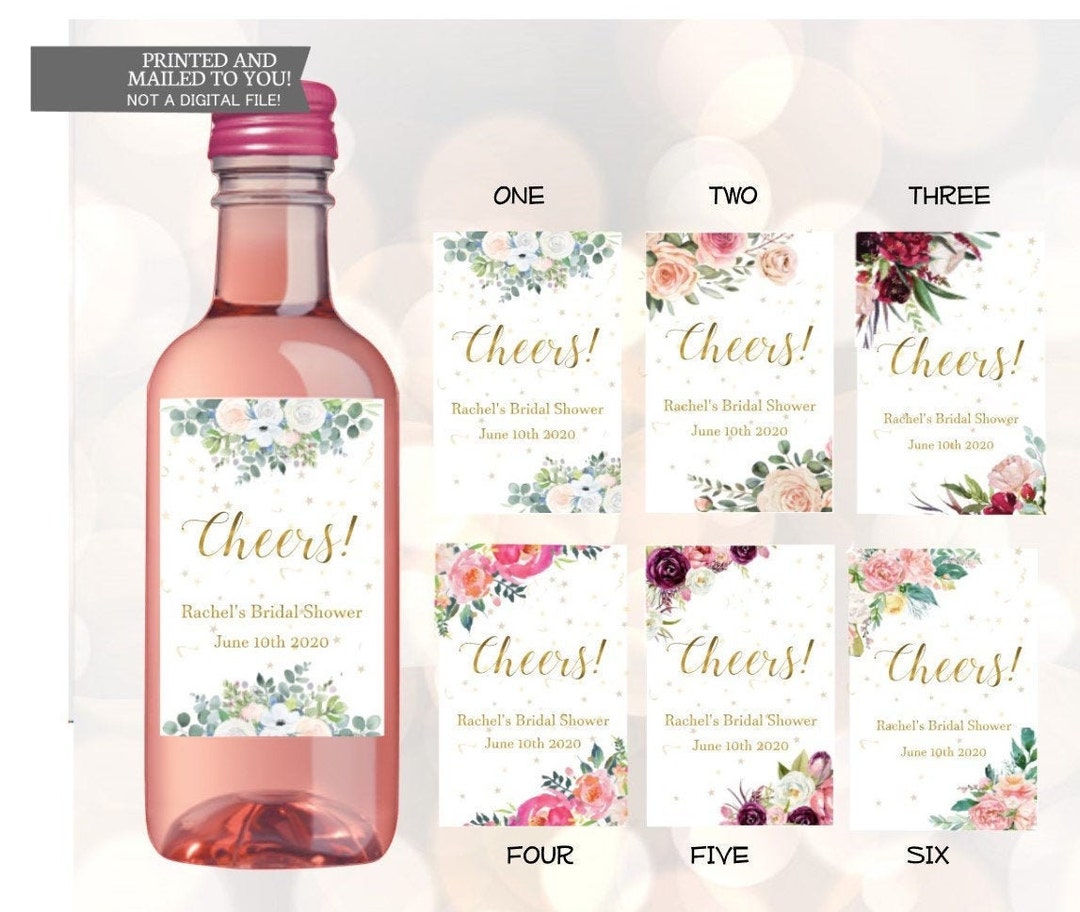 10 Personalized Mini Wine Bottle Labels Rose Gold Stickers Vintage Floral Label Bridal Shower