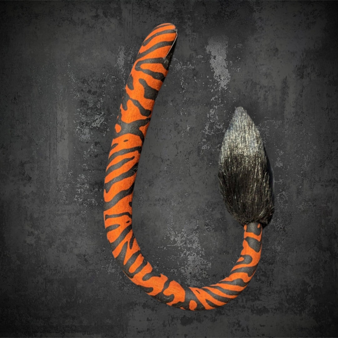 Slender Flow Tail in Tiger Print W Black Faux Fur Tuft - 2 Elastic Belt Loops - Weighted at Tip ...