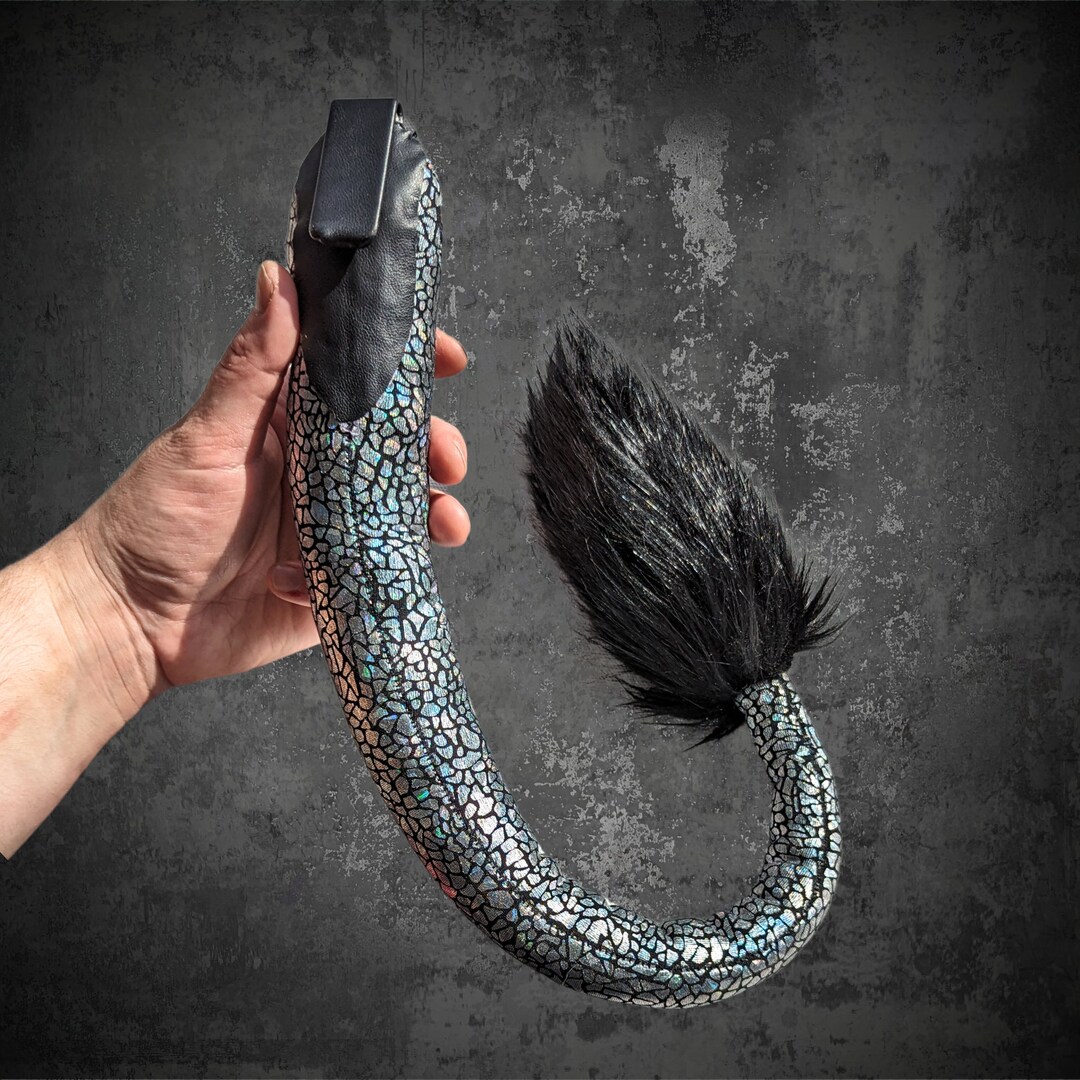 Slender Flow Tail in Silver/rnbw Holo Scales W Black Faux Fur Tuft Clip ...