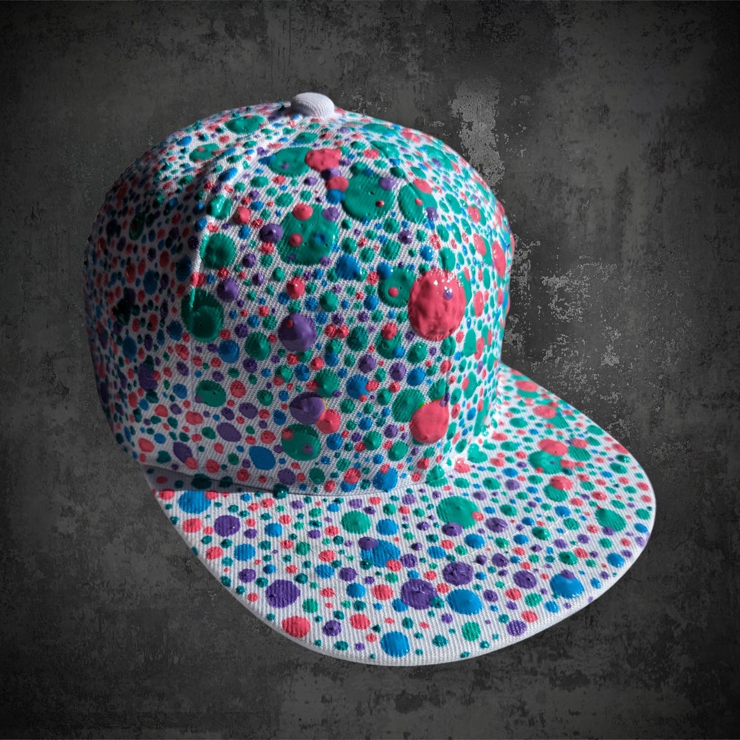 White Flat Brim Cap W Hand Painted 3D Puff Paint Spots Purple, Pink ...