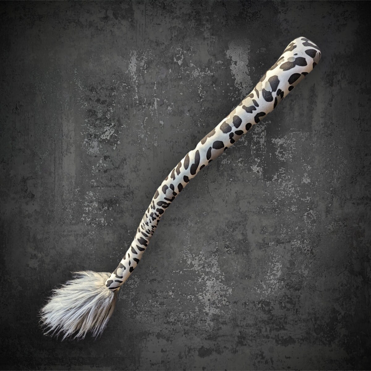 MTO Slender Flow Tail W Snow Leopard Print & Grey Faux Fur Tuft - 2 ...