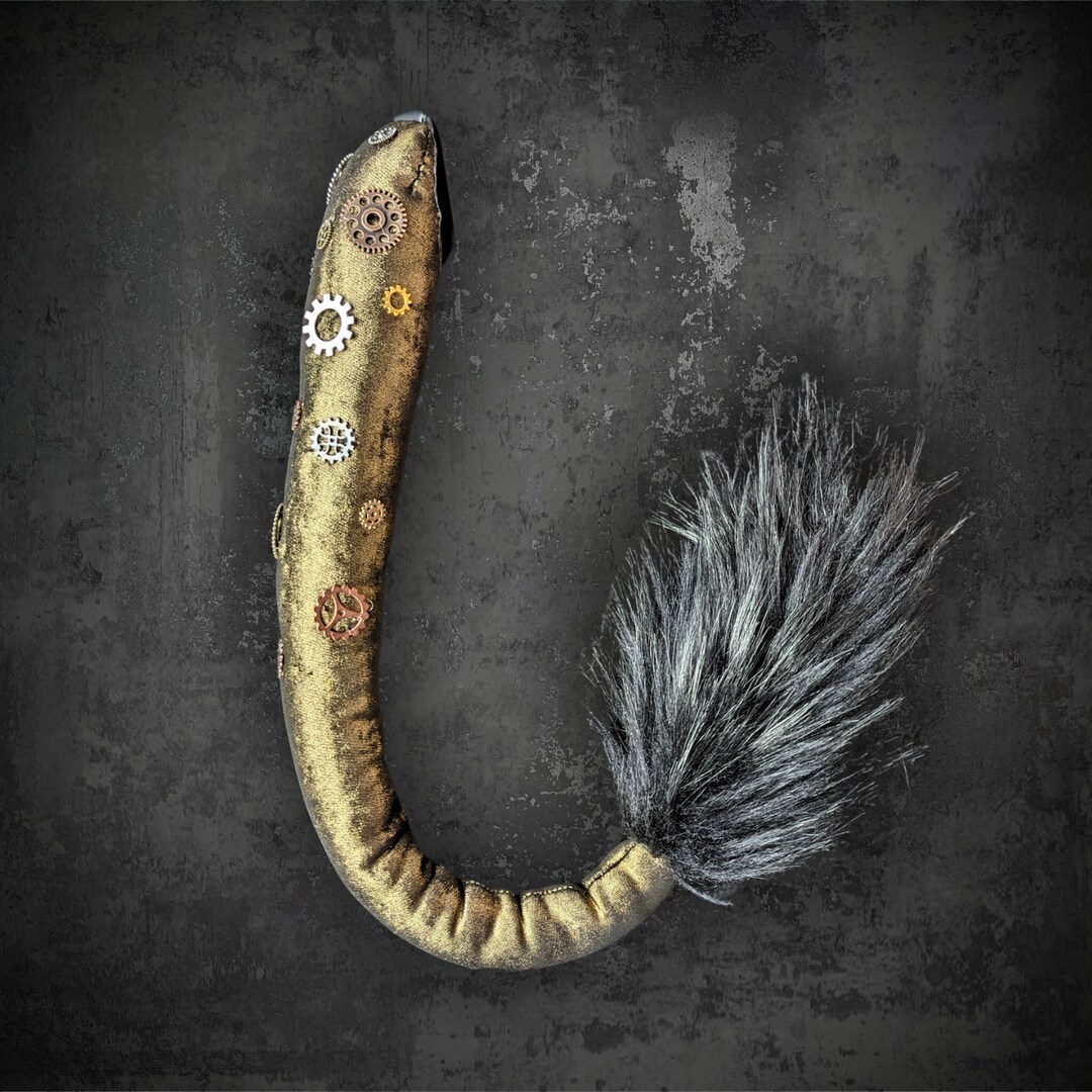 Slender Flow Tail in Gold W Gears & Long Grey Faux Fur Tuft Clip-on ...