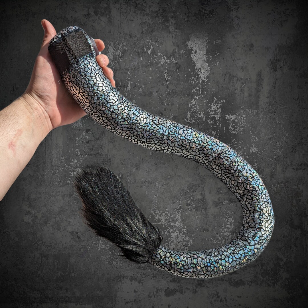 Slender Flow Tail in Silver/rnbw Holo Scales W Black Faux Fur Tuft-belt ...
