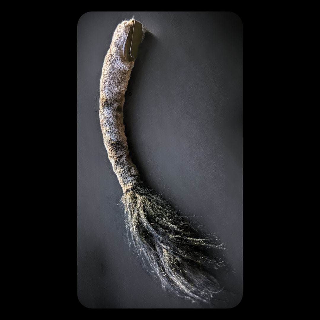 Slender Flow Tail in Soft Tie-dye Grey Fur W Shaggy Black Tuft Clip on ...