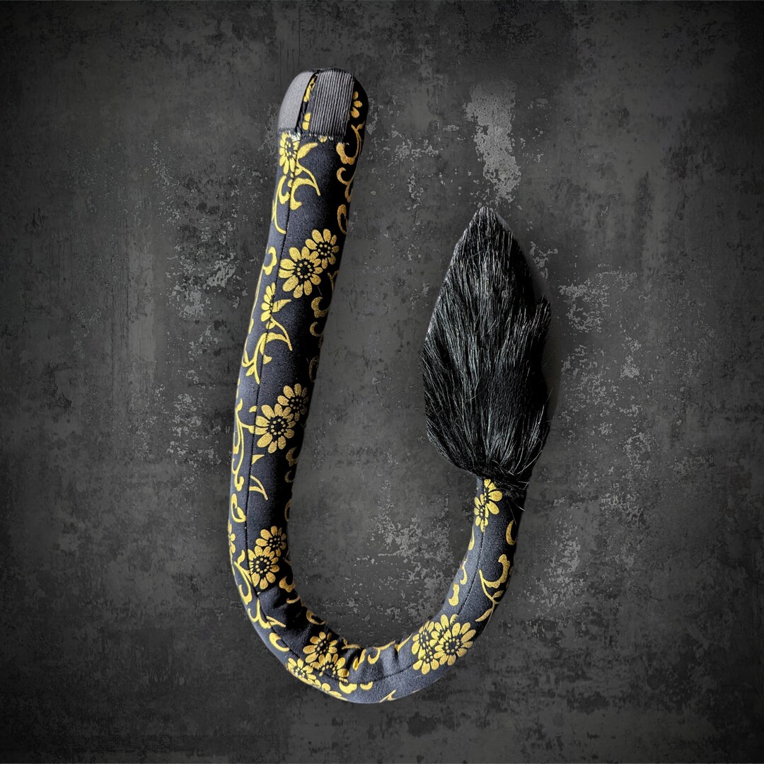 Slender Flow Tail in Black/gold Floral Print & Black Faux Fur Tuft-belt ...