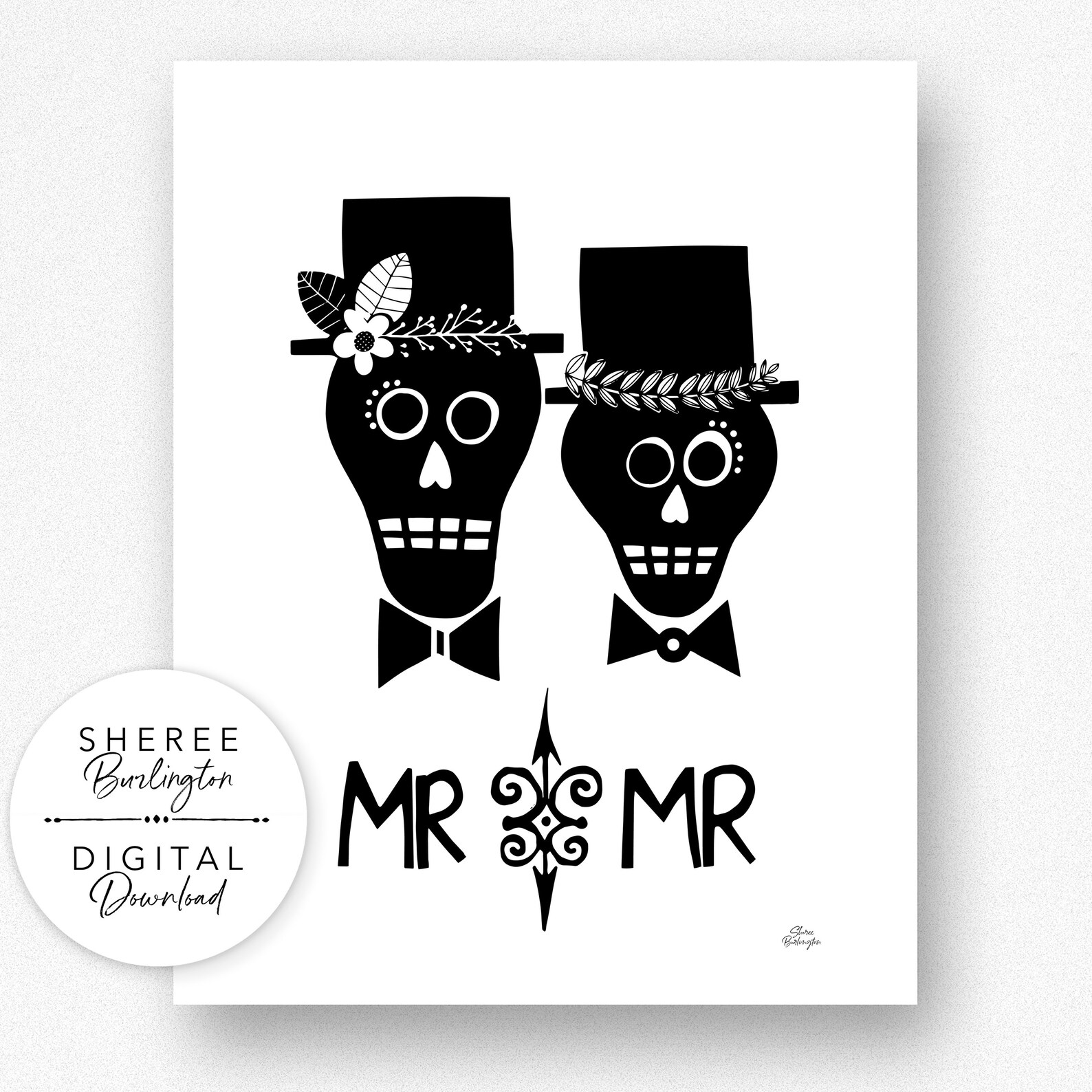 Printable Mr and Mr Skull Couple Art Black & White Halloween Wedding ...