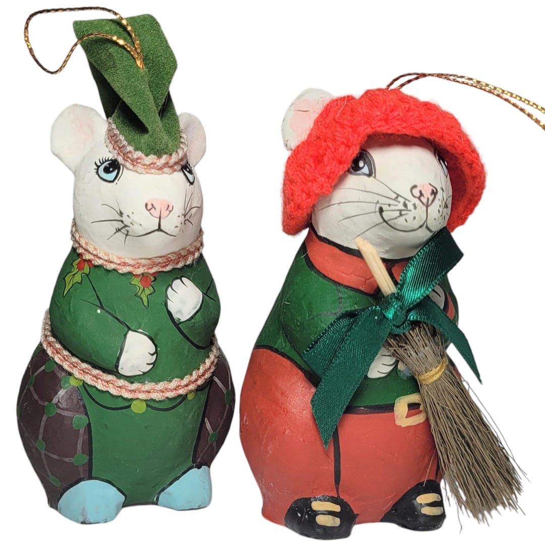 2 Vintage Christmas Tree Mice Mouse Paper Mache Ornaments Hand Painted ...