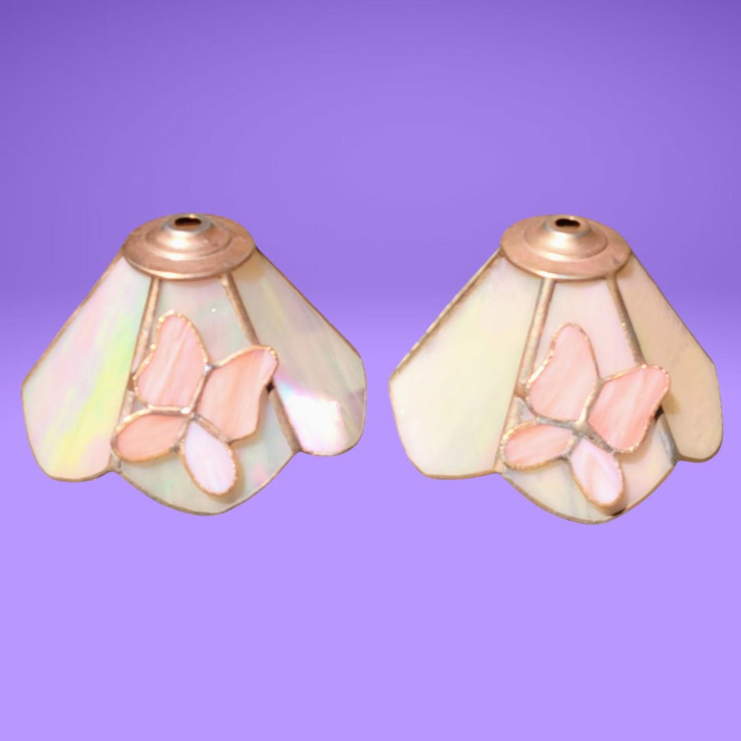 2 Vintage 1970s Slag Glass Mini Lamp Shades Pink Iridescent Butterfly ...