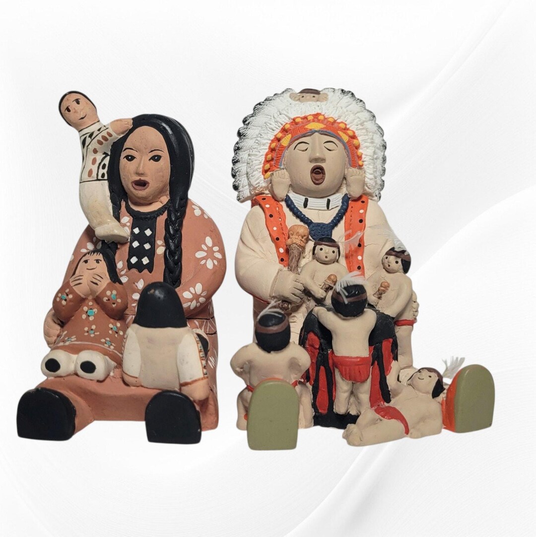 Vintage Native American Pueblo Pottery Storyteller Chief & Mother With ...