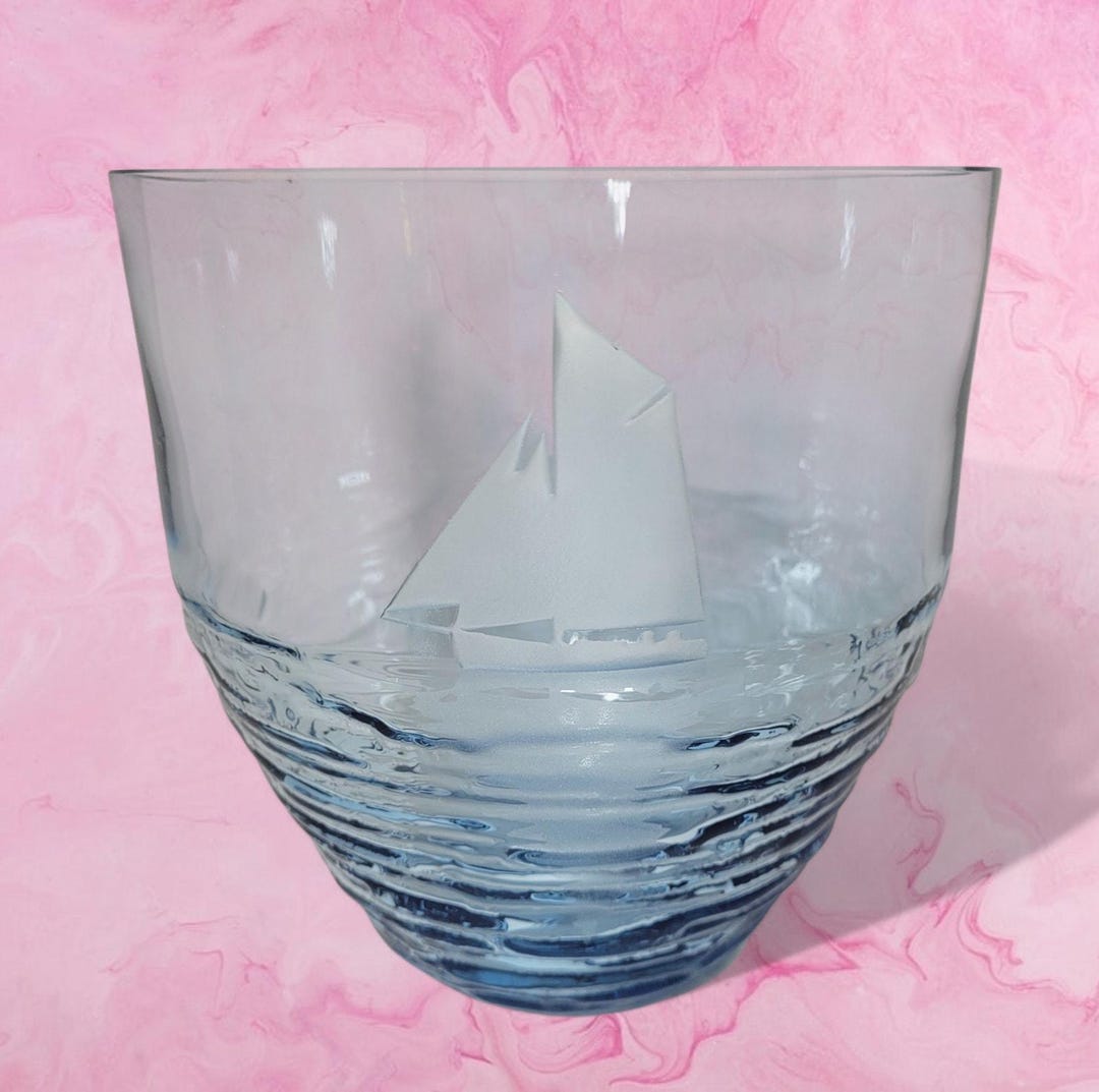 2004 Lars Sestervik Scandinavian Art Glass Blue Etched Sailboat Vase ...