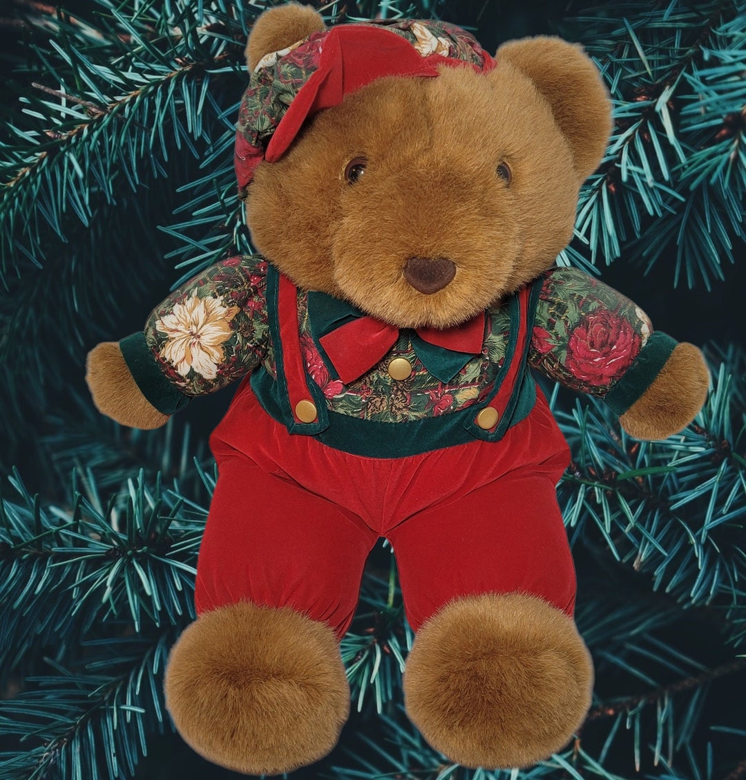 Adorable Vintage Christmas Plush Stuffed Teddy Bear Holiday Decoration ...