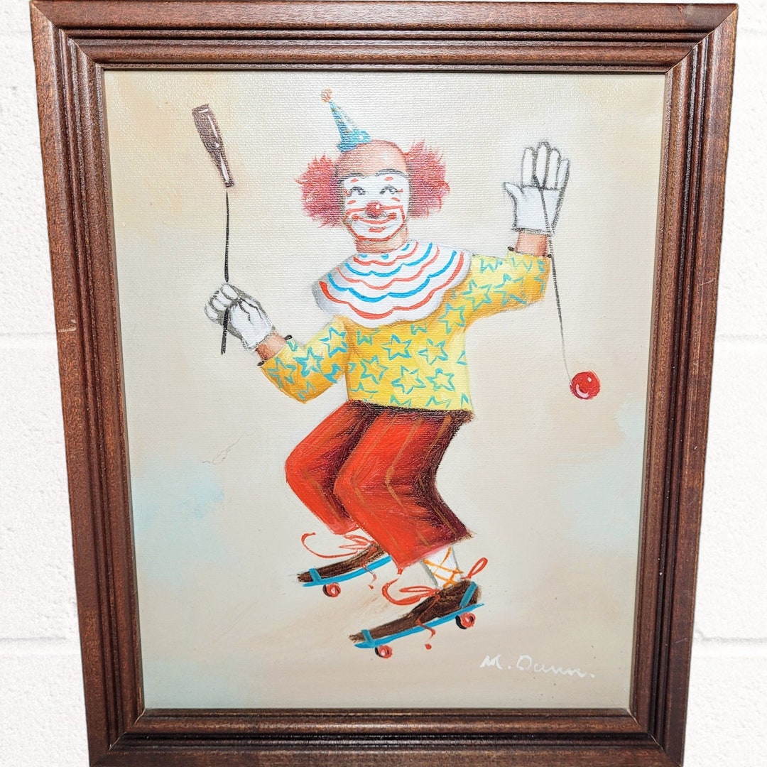 Vintage 1980's Acrobat Clown Performing Acrylic Painting on Canvas ...
