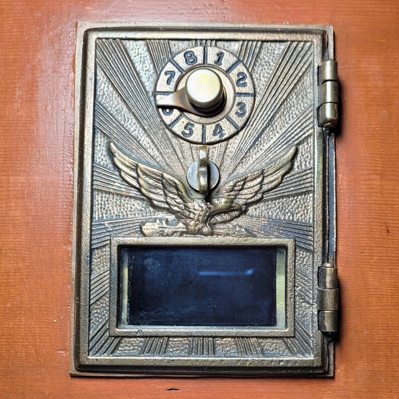 Large Antique Brass American Eagle & Wooden Post Office Box Combination ...
