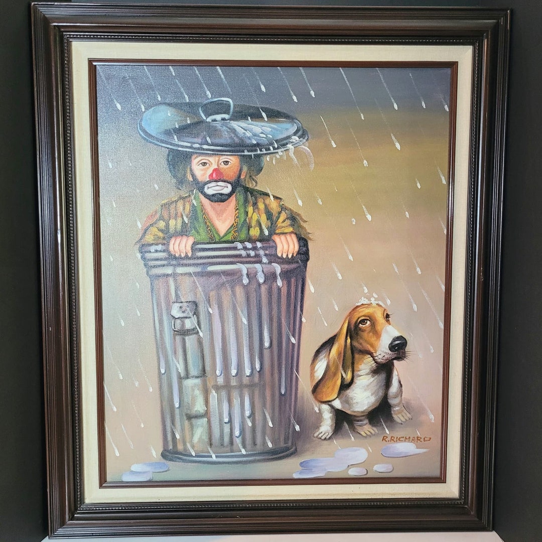 Vintage 1970's Clown Basset Hound & Garbage Can Acrylic Painting Canvas ...
