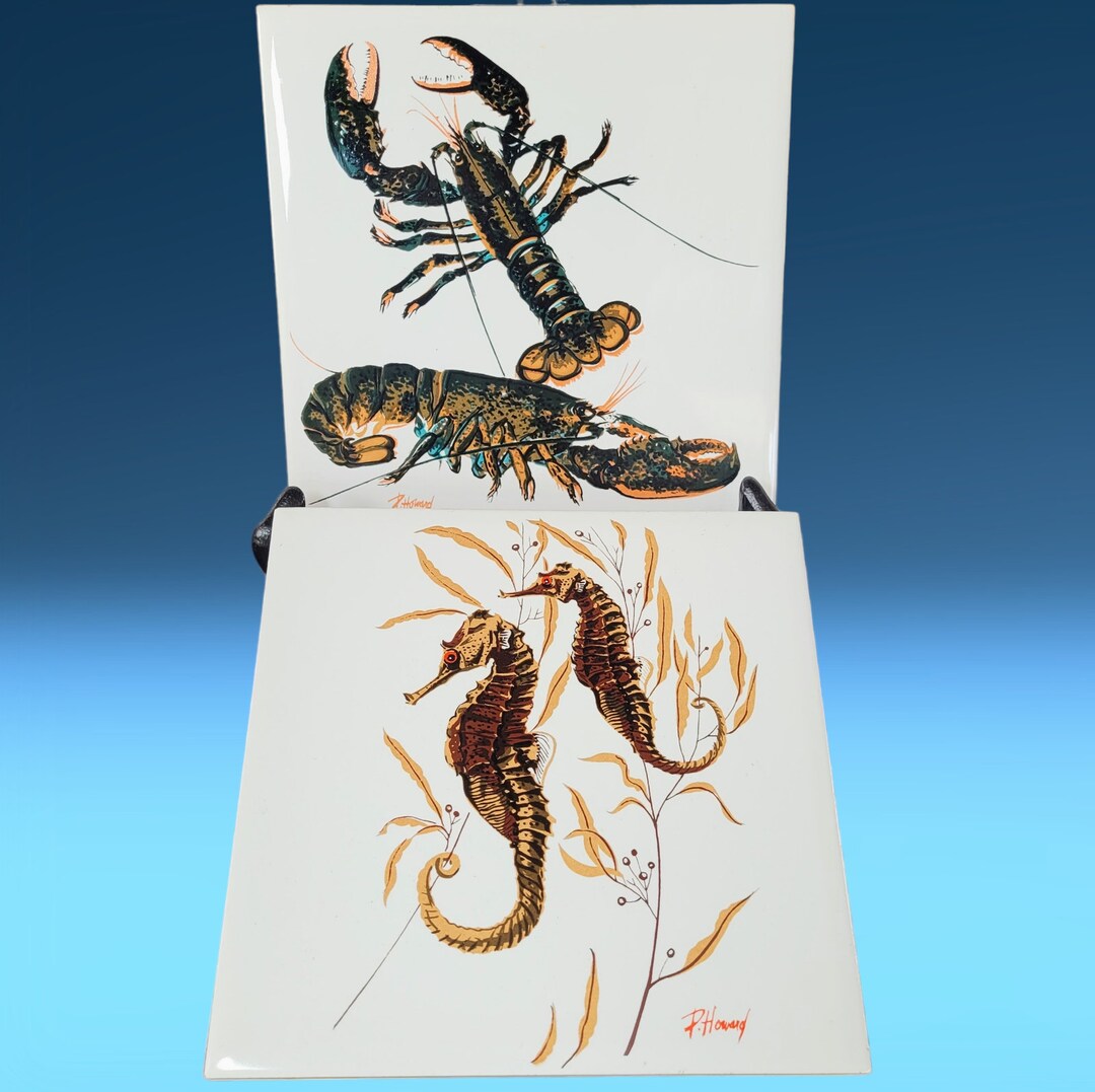 2 MCM Phyllis Howard (P Howard) Sea Horse & Lobster 6" Ceramic Tile ...