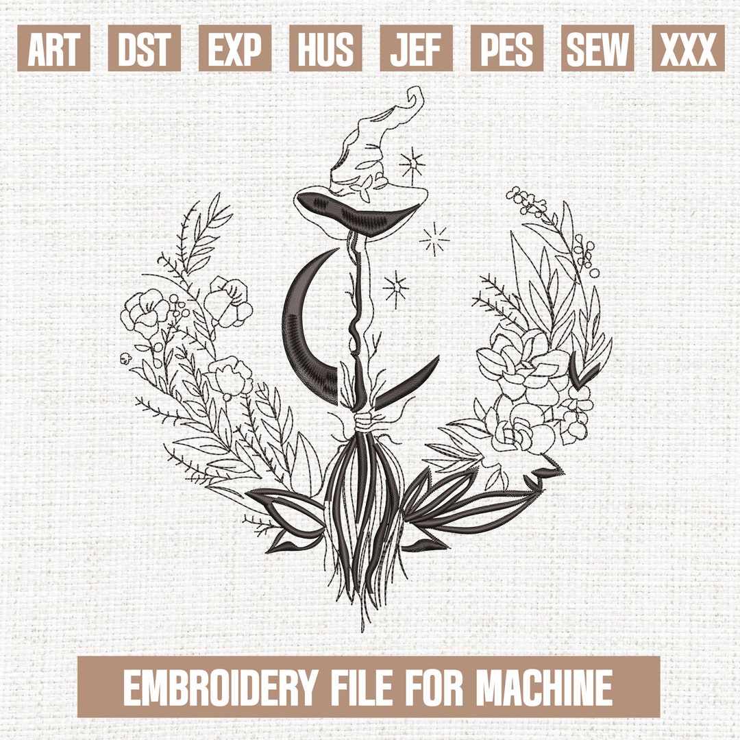 Moon Witch Flowers Embroidery Designs, Witchcraft Embroidery Pattern ...