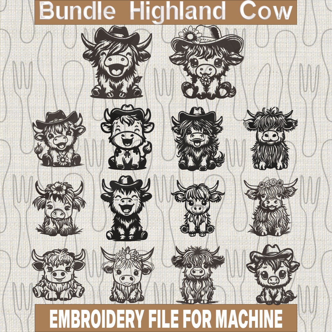 14 Embroidery Highland Cow, Bundle Cow Machine Embroidery Design, Cute ...