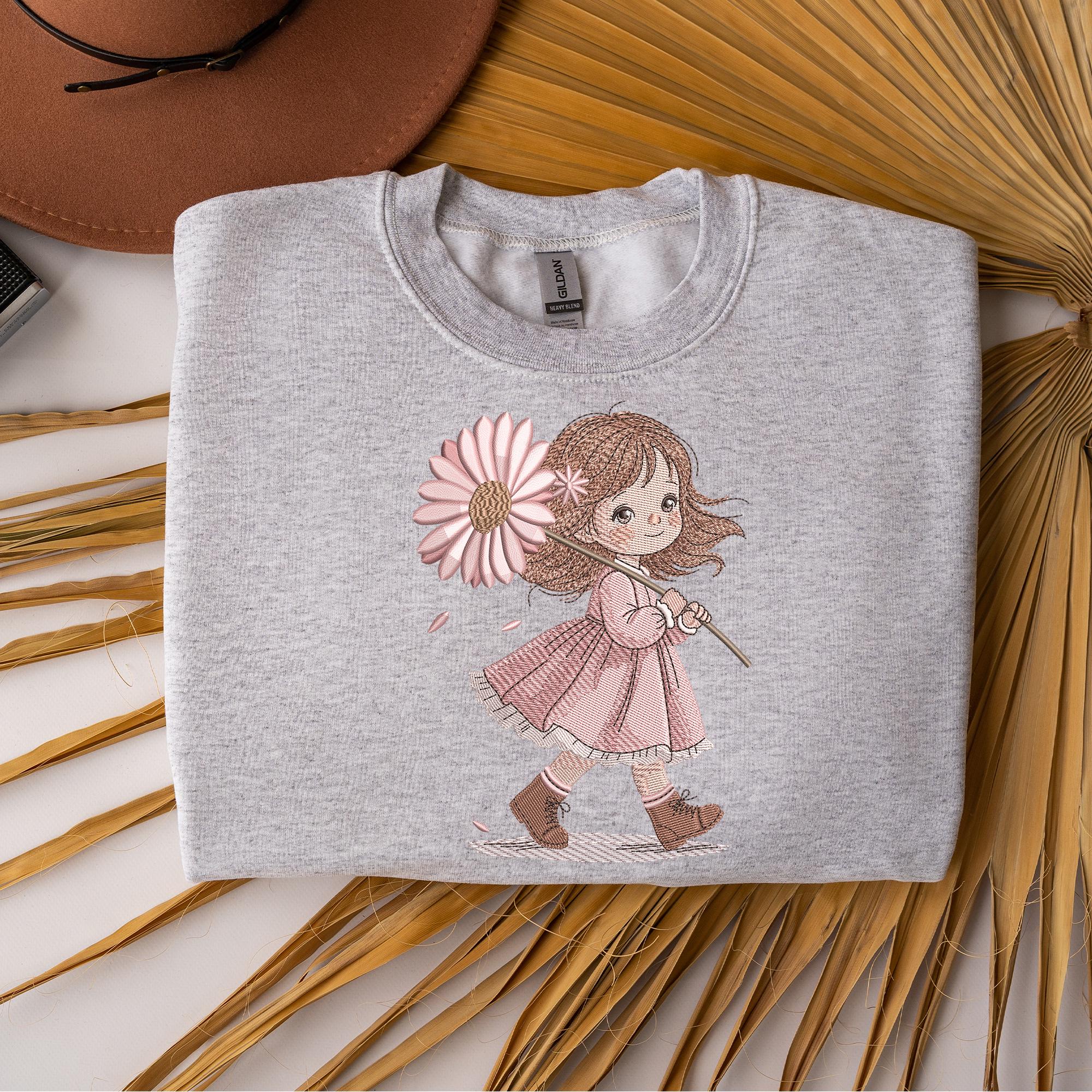 Cute Girl Flower Embroidery Designs, Pretty Child Embroidery Pattern ...