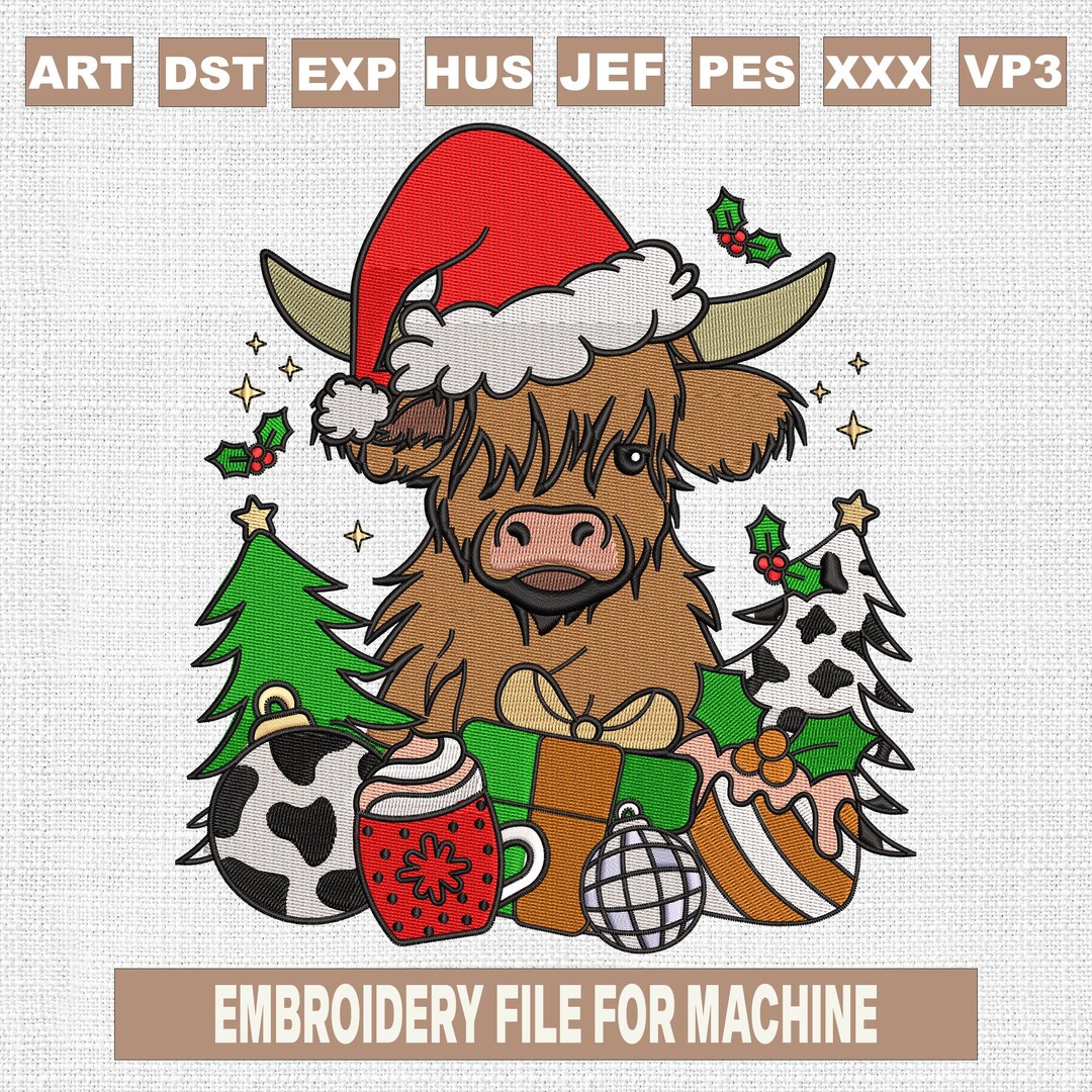 Highland Cow Embroidery Designs, Cute Cow Embroidery Pattern, Christmas ...