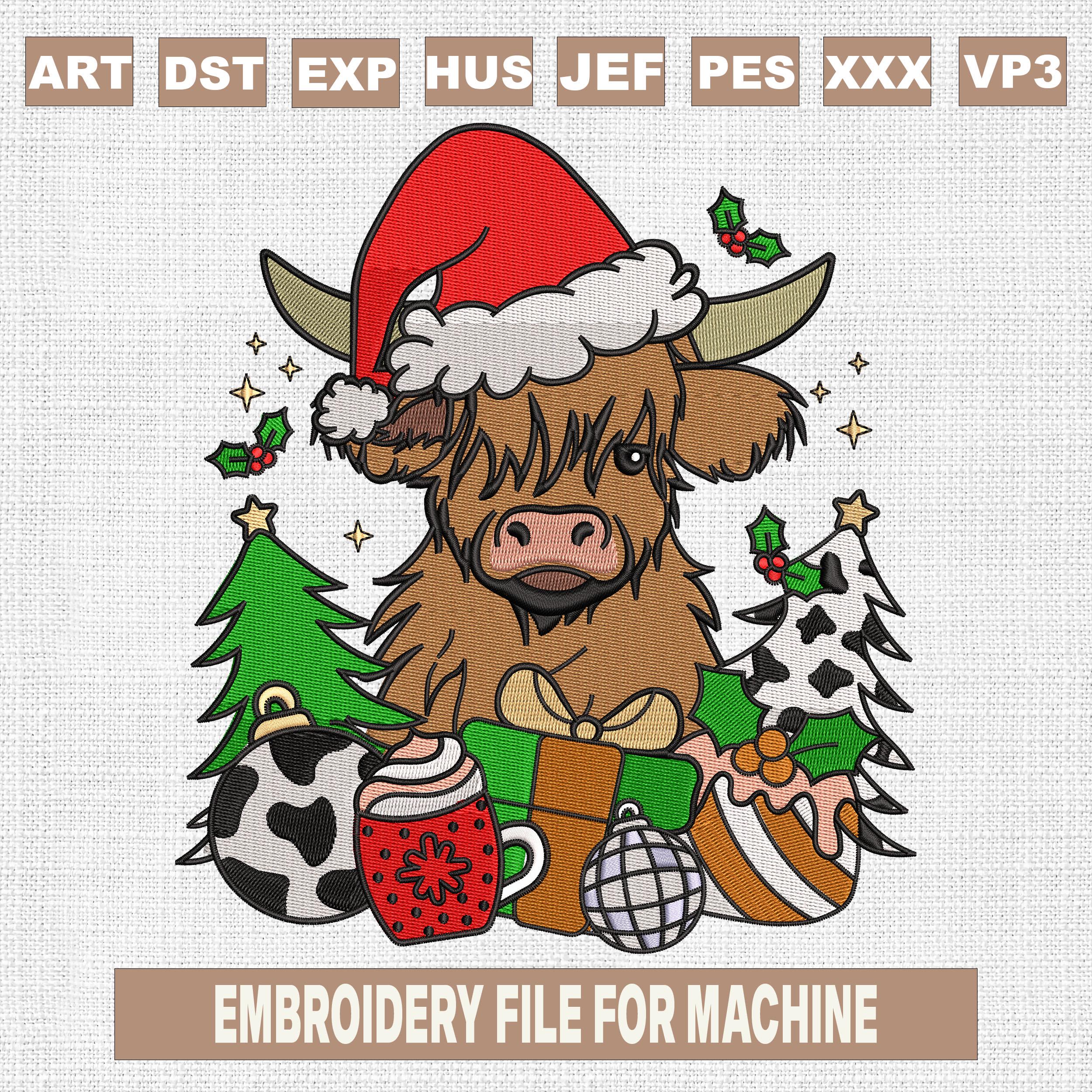 Highland Cow Embroidery Designs, Cute Cow Embroidery Pattern, Christmas ...