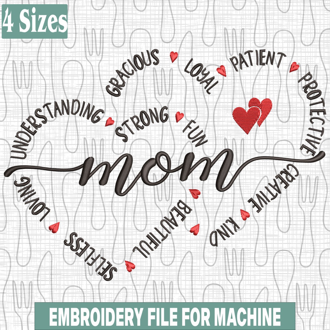 Mom Mothers Day Embroidery Designs, Dual Heart Mom Embroidery Designs ...