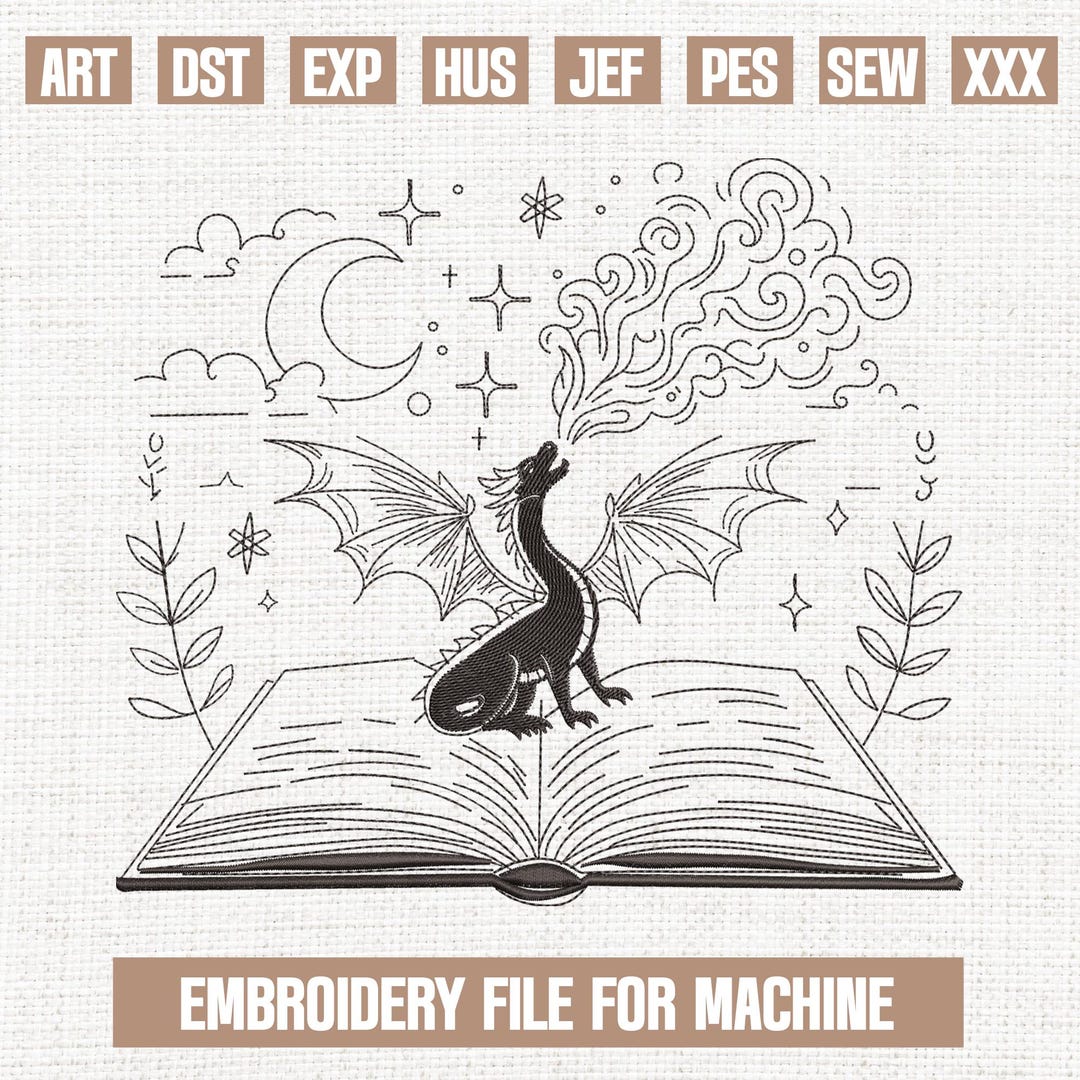 Book Dragon Embroidery Designs, Book Lover Embroidery Pattern, Magical ...