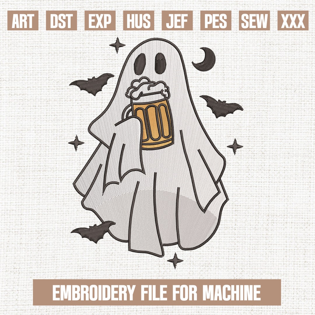 Ghost With Beer Embroidery Designs, Halloween Embroidery Pattern, Cute ...