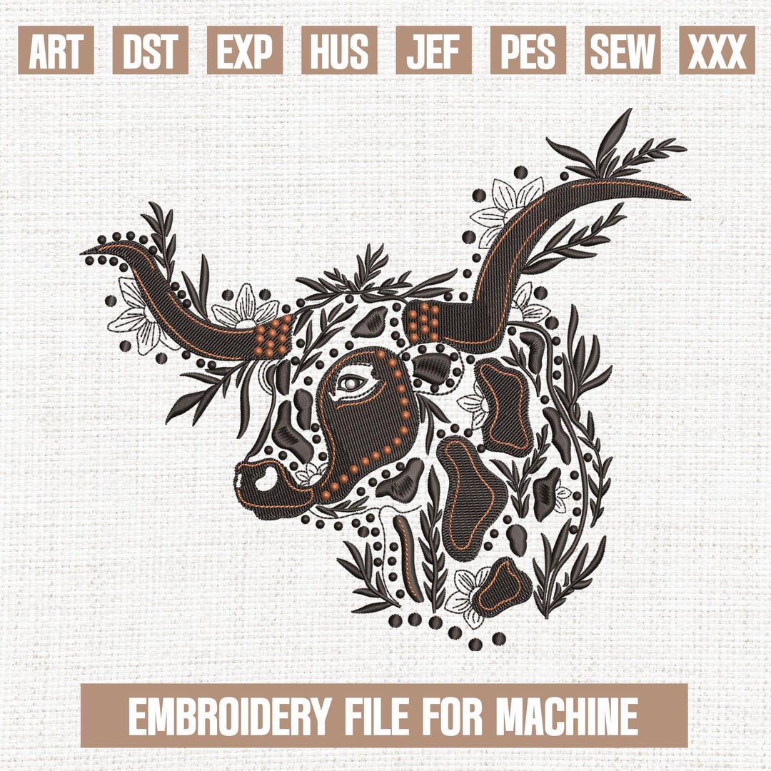 Floral Western Cow Embroidery Designs, Highland Cow Embroidery Pattern ...