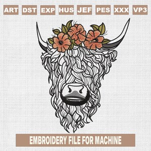 Highland Cow Embroidery Designs, Cow With Flowers Embroidery Pattern ...